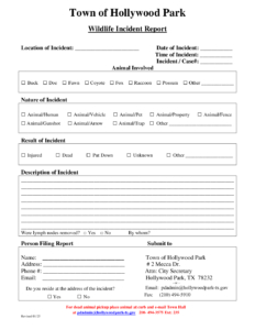 Wildlife Incident Form - Town of Hollywood Park-The Official Website